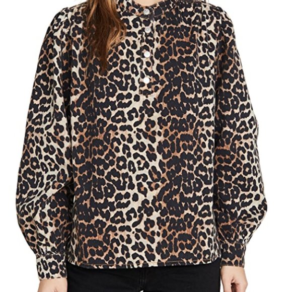 Ganni | Tops | Ganni Leopard Print Denim Blouse | Poshmark